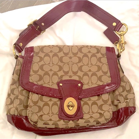 Coach | Bags | Tan Coach Logo Bag With Red Burgundy Patent Piping ...